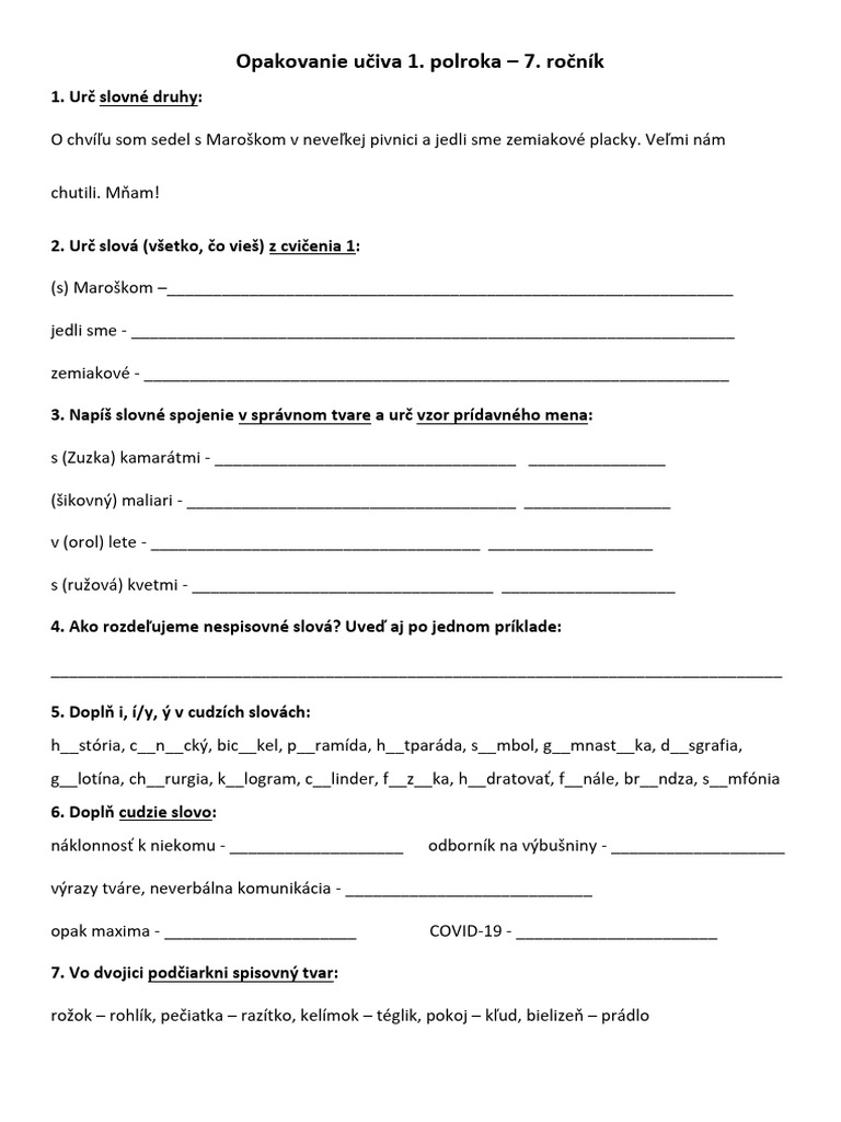 SJL Opakovanie Uciva 1. Polrok - 7. Rocnik | PDF