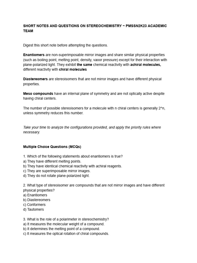Short Notes, Questions & Answers On Stereochemistry - Pmssn2k23 ...