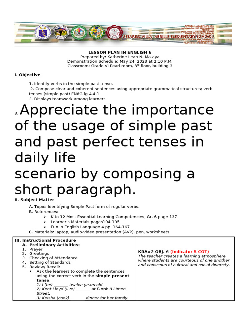 LESSON PLAN IN ENGLISH 6 q4 | PDF | Learning | Teachers