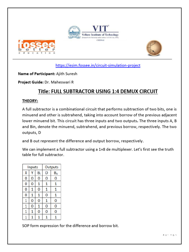 Design of Full Subtractor Using 1x4 de Multiplexer | PDF