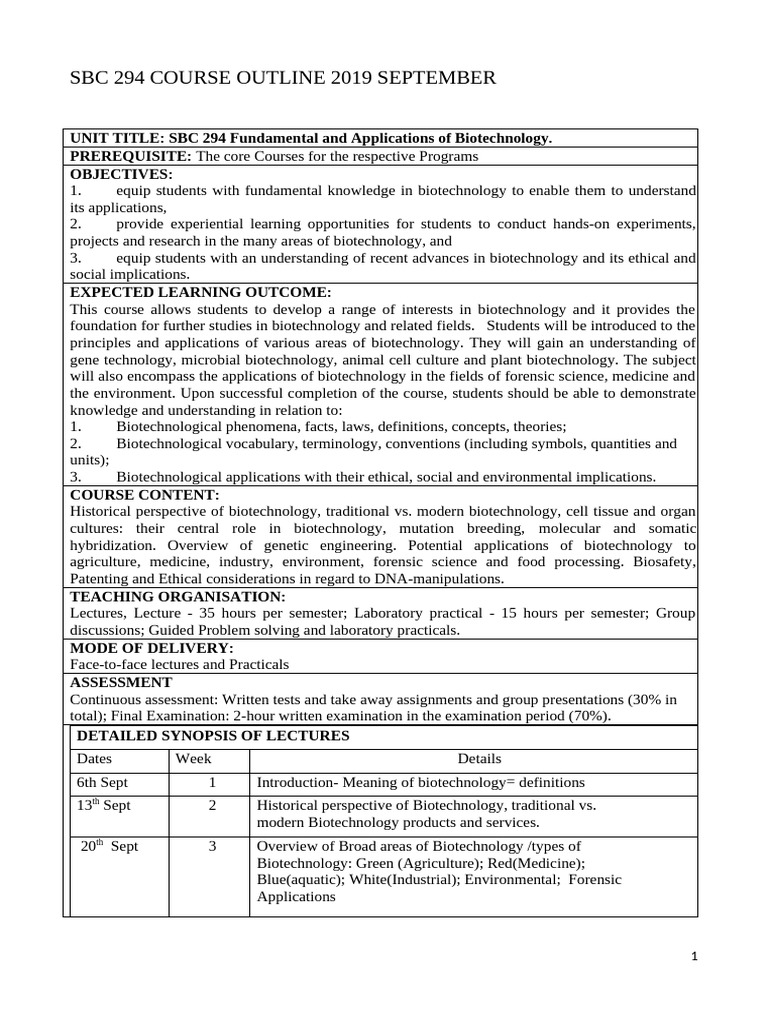 SBC 294 Course Outline 2019 September | PDF | Biotechnology | Genetic ...