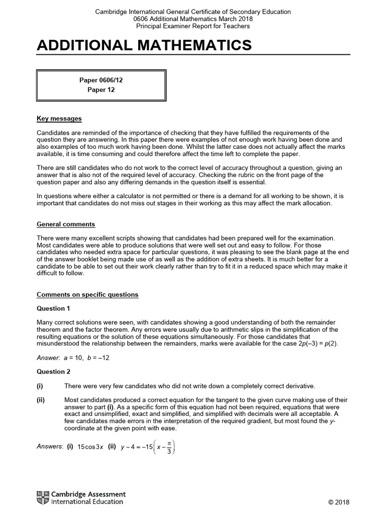 2018 Cambridge Additional Math Report | PDF | Function (Mathematics ...