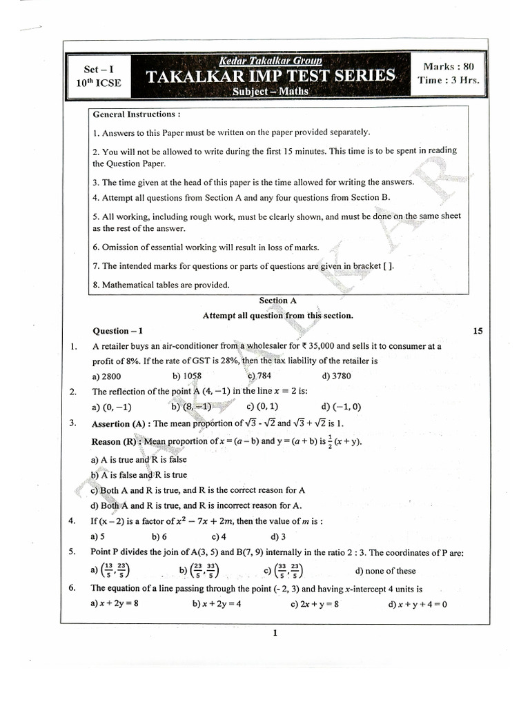 10 ICSE Maths Set 1 | PDF