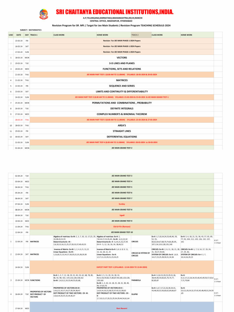 Outgoing SR .NPL (Target For Jee Main Students) Teaching Schedule-2024 ...