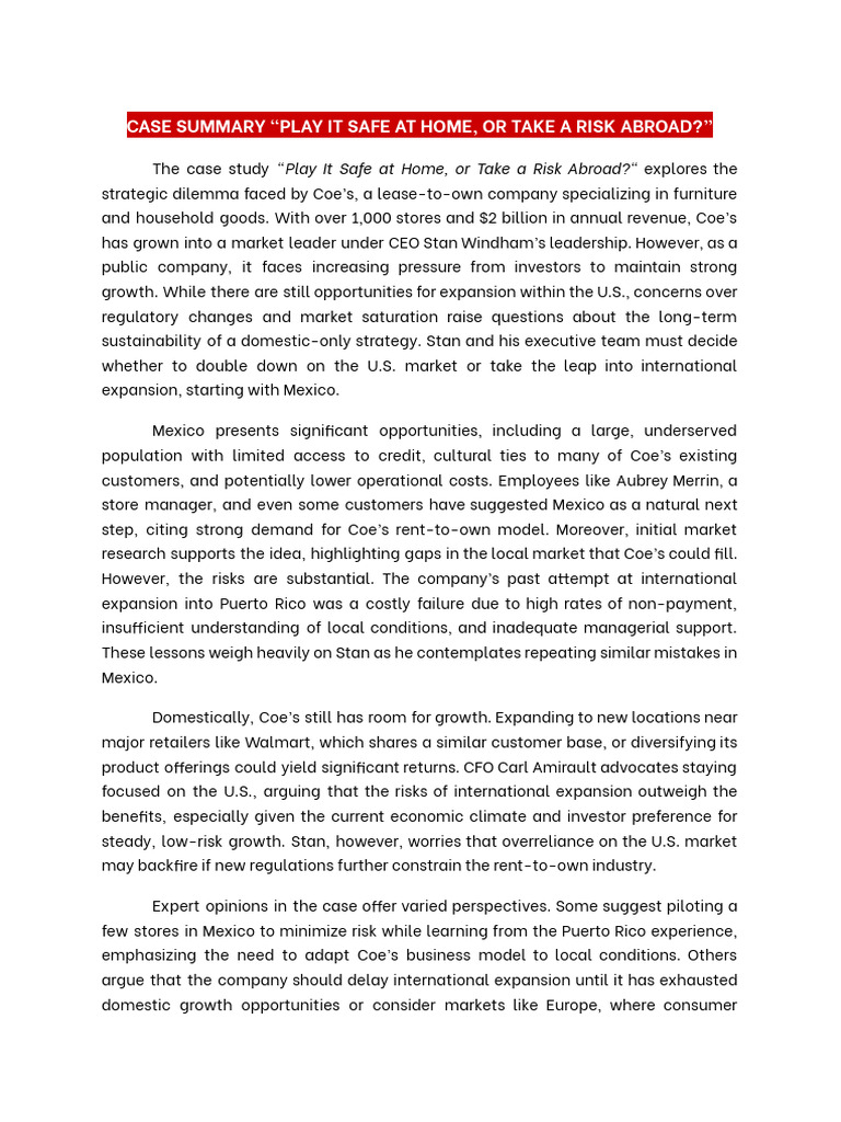Case Summary "Play It Safe at Home, or Take A Risk Abroad | PDF | Business | Economies