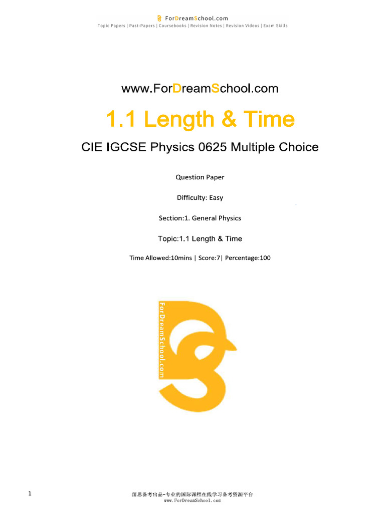 1.1 - Length - Time E - Cie IGCSE 0625 Physics Topic Question Paper | PDF