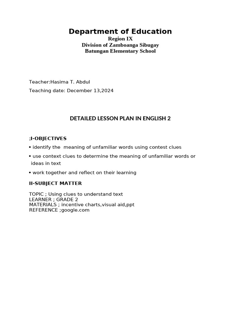 Grade 2 Context Clues Lesson Plan | PDF | Lesson Plan | Teachers