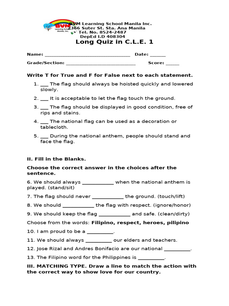 C.L.E. 1 Long Quiz for Students | PDF