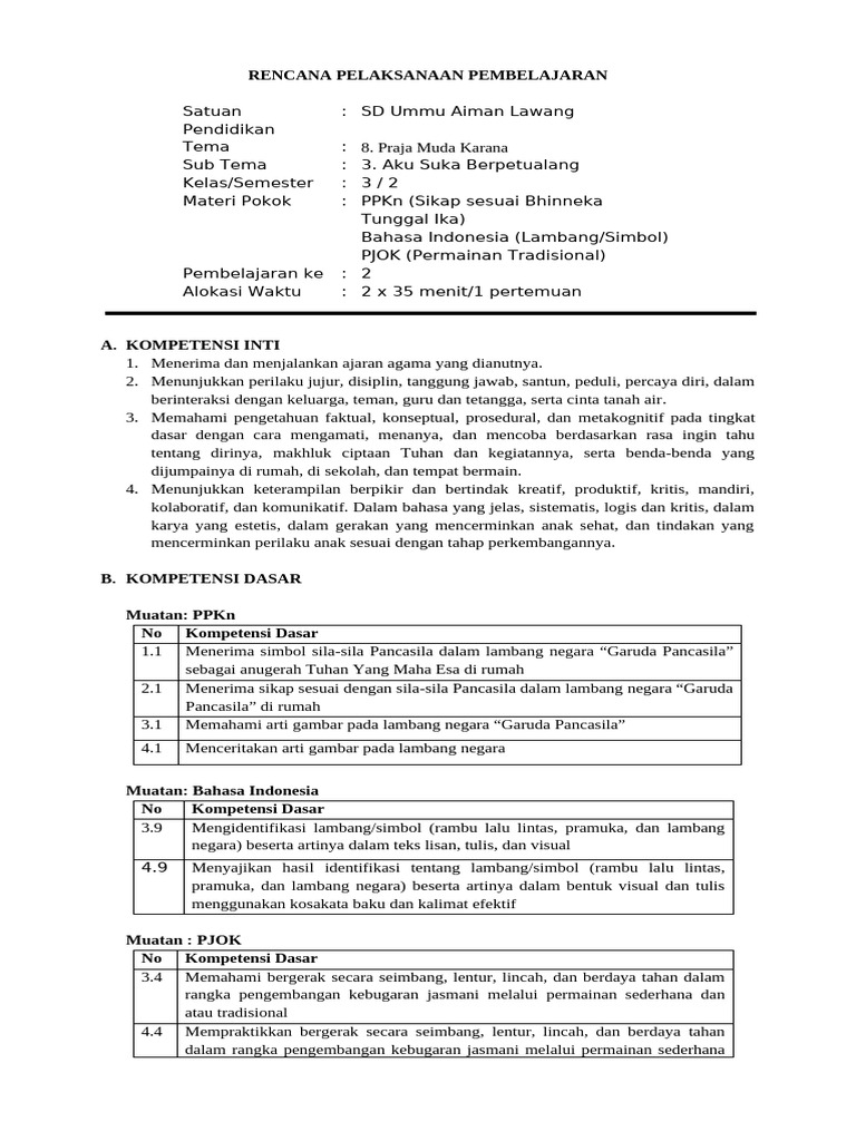 RPP Kelas 3 Tema 8 Sub Tema 3 PB 2 | PDF