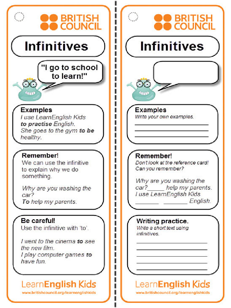 Grammar Practice Reference Card Infinitives | PDF