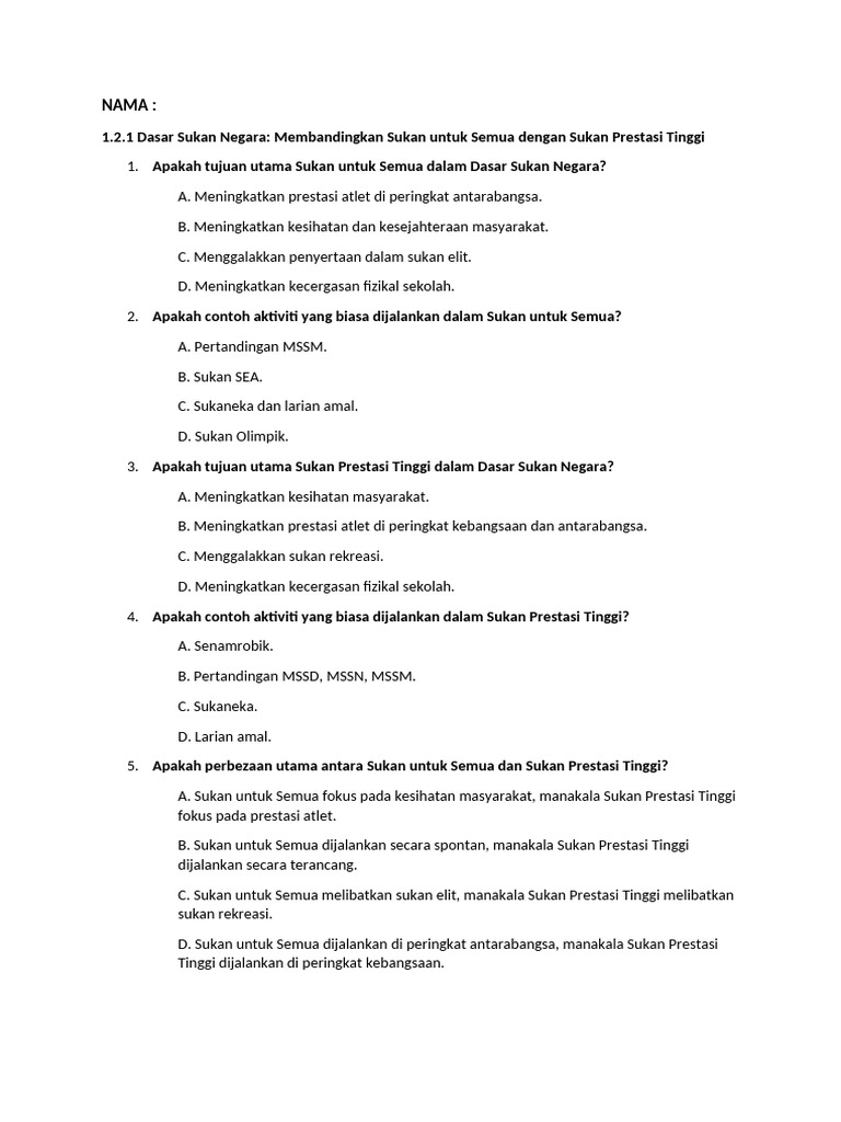 QUIZ 1.2 Sains Sukan Ting.4 | PDF