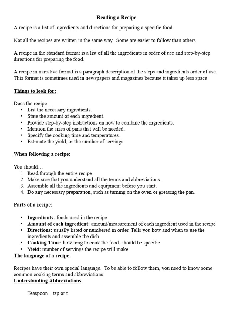 Reading A Recipe NOTES | PDF | Cooking | Grilling