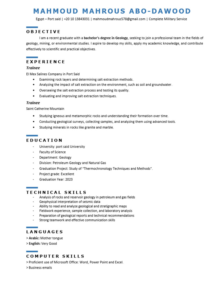 Geology Graduate Resume: Mahmoud Mahrous | PDF