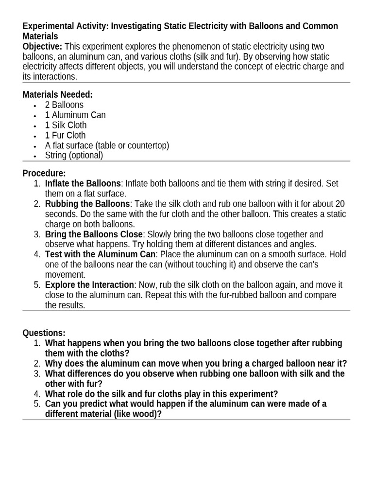 Experimental Activity - Static Electricity | PDF