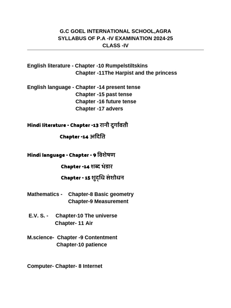 Class IV Syllabus P.A - 4 | PDF