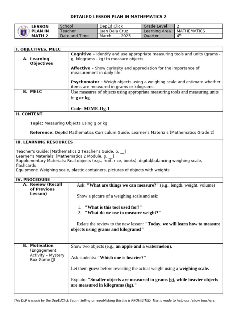 CO_Q4_DLP_MATHEMATICS 2_DepEdClick (1) | PDF | Weight | Kilogram