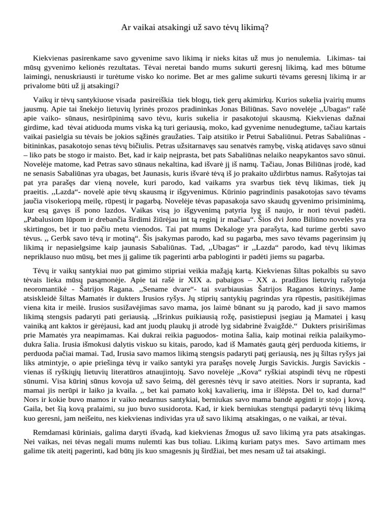 Ar Vaikai Atsakingi Už Savo Tėvų Likimą (Biliūnas, Šatrijos Ragana) | PDF