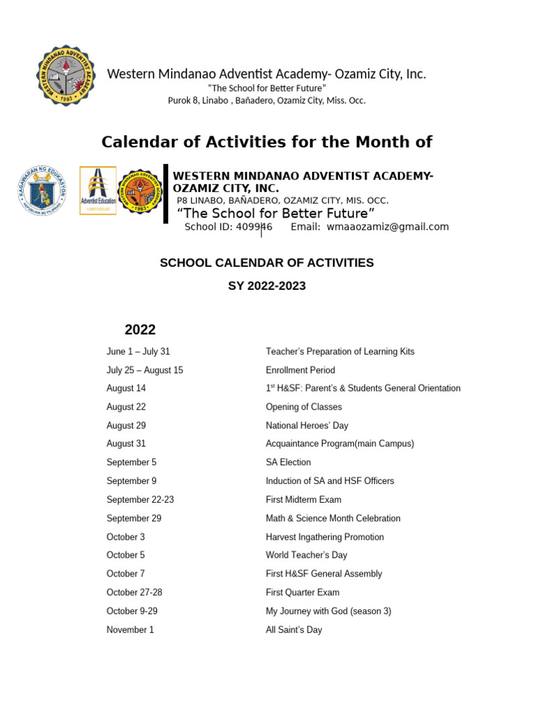 2022 2023 Calendar of Activities | PDF