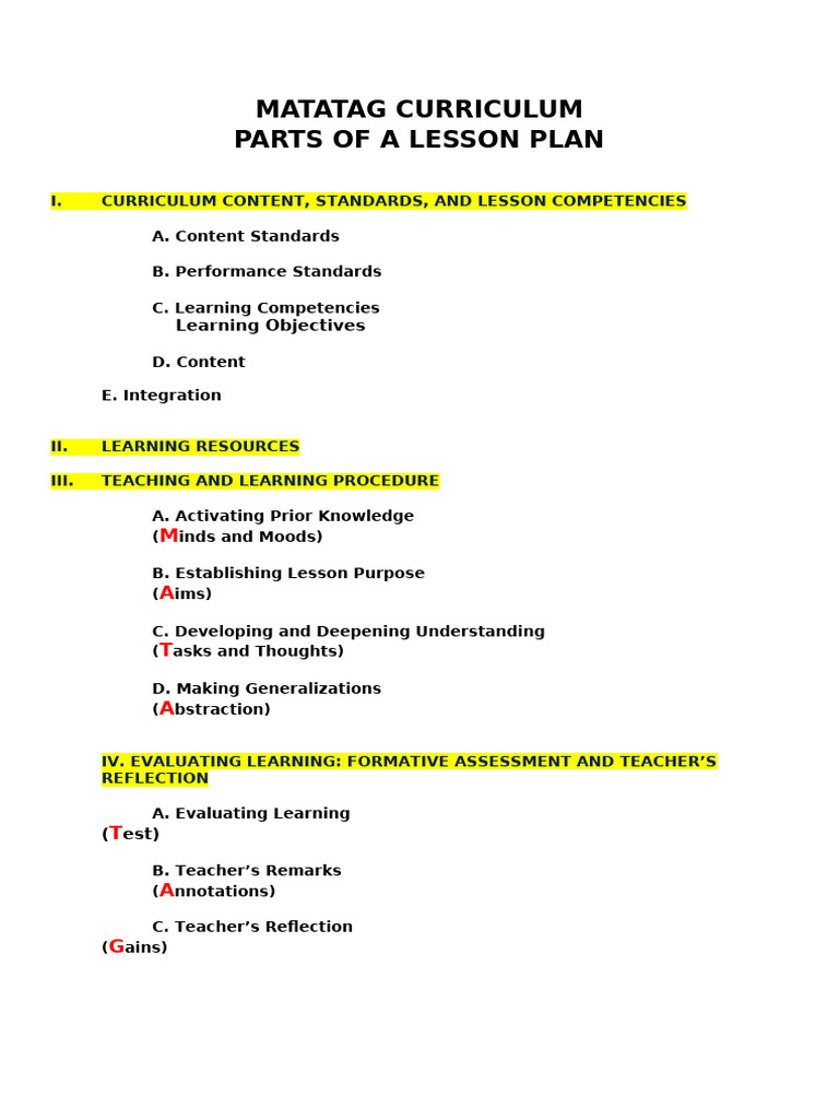 Parts of a Lesson Plan in Matatag Curriculum | PDF