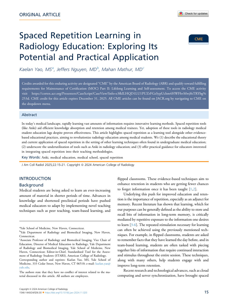 Spaced Repetition Learning in Radiology Education: Exploring Its ...