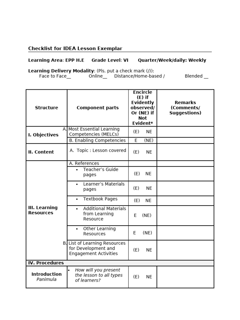 Checklist for IDEA Lesson Exemplar | PDF | Learning | Teachers