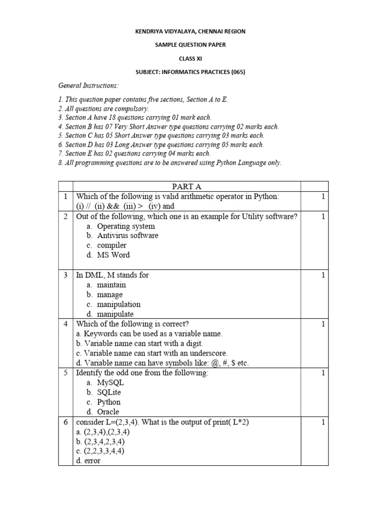 KVS Class 11 IP Sample QP 2022-23 | PDF | Sql | Table (Database)