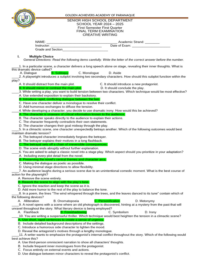 Creative Writing (Final Exam) | PDF | Monologue | Irony