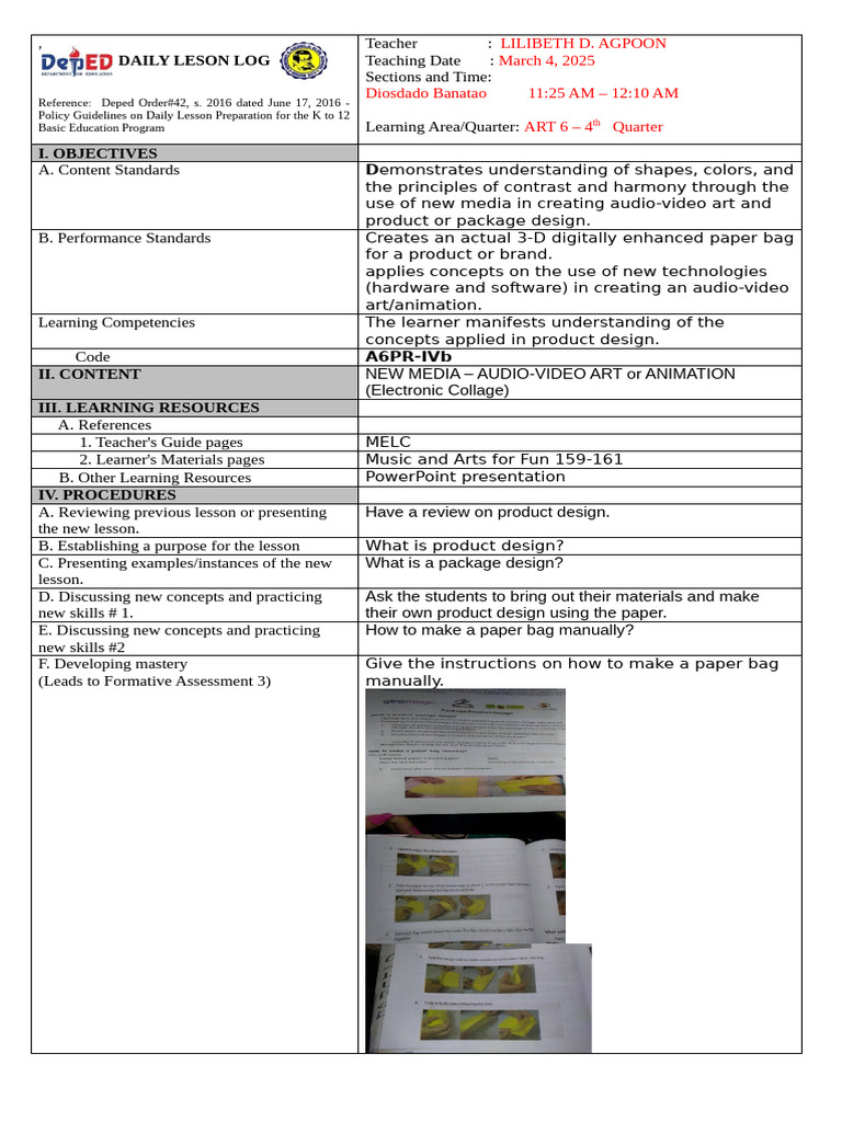 DAILY-LESON-LOG-ART-March-4-Q4 | PDF | Learning | Behavior Modification