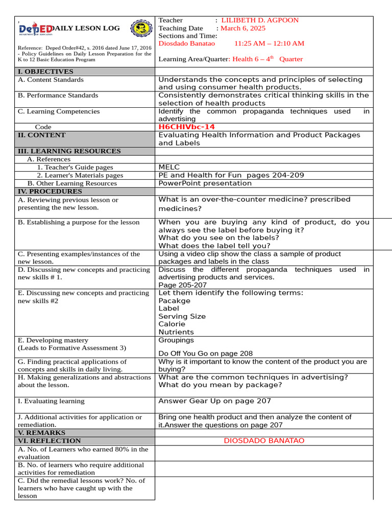 DAILY LESON LOG HEALTH March 6 Q4 | PDF | Learning | Cognition