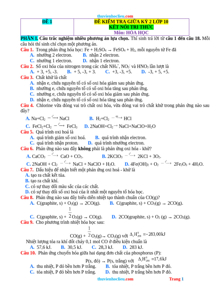 De Thi Giua HK2 Hoa 10 KNTT Cau Truc Moi de 1 Hay 2 | PDF
