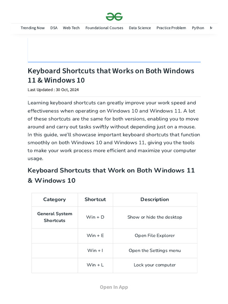 Keyboard Shortcuts that Works on Both Windows 11 & Windows 10 - GeeksforGeeks | PDF | Keyboard ...