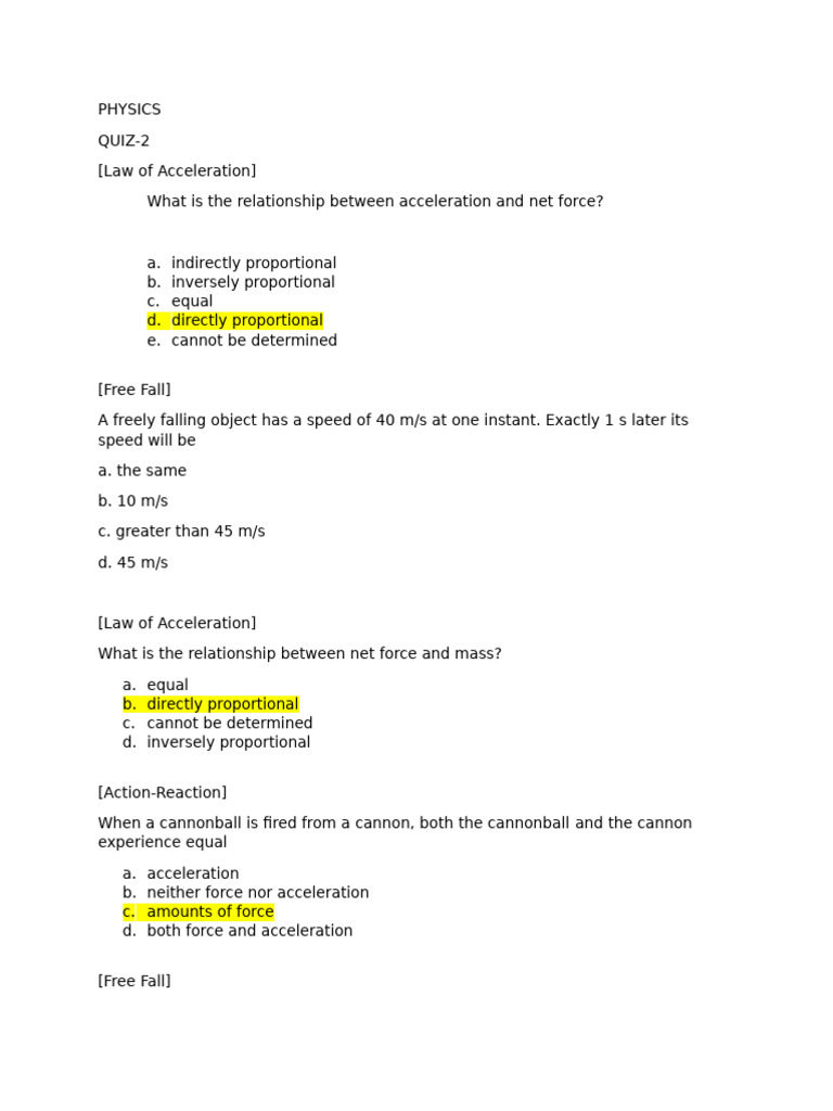 Physics Quiz on Acceleration and Forces | PDF | Force | Acceleration