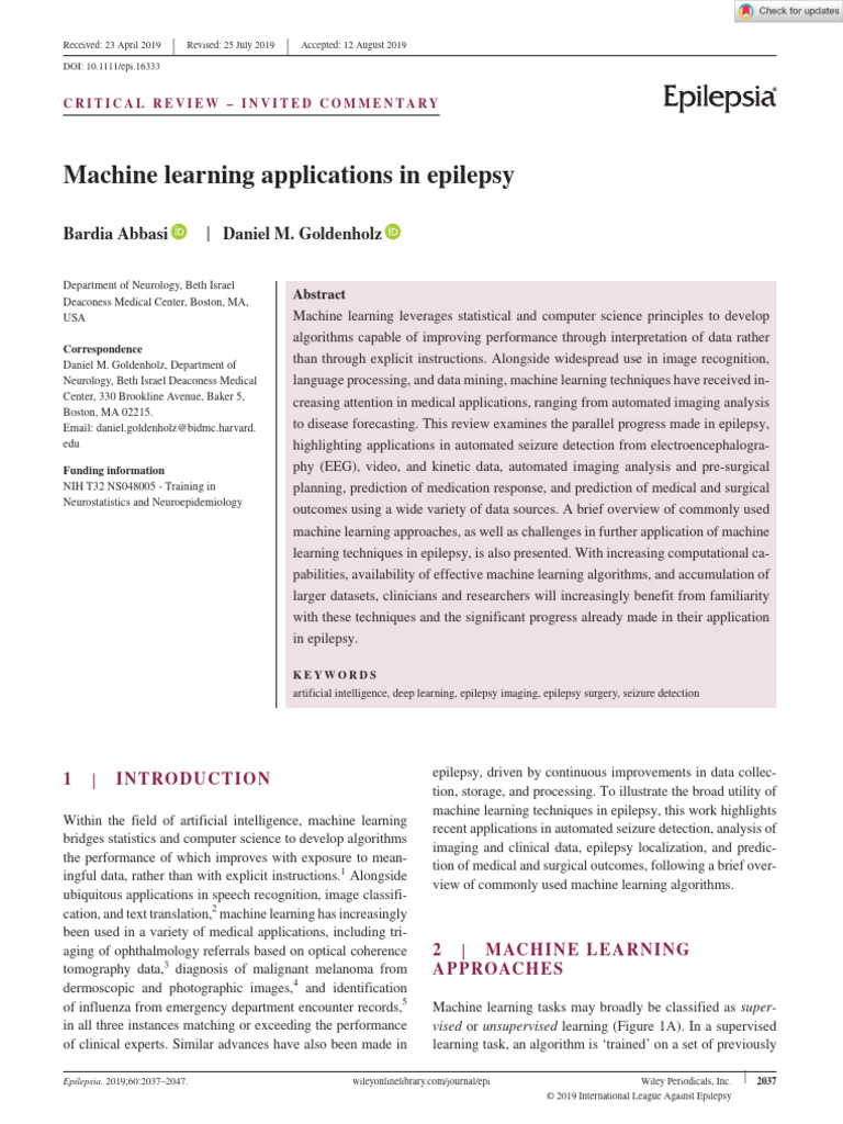 Epilepsia - 2019 - Abbasi - Machine learning applications in epilepsy | PDF | Machine Learning ...