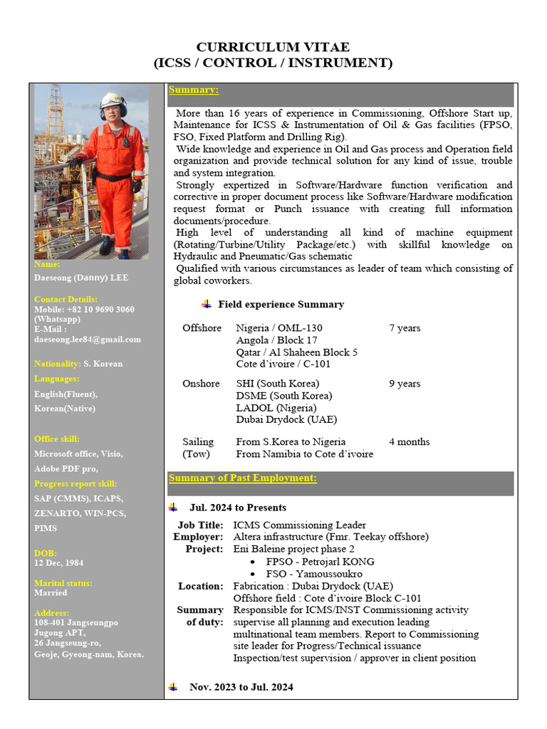 ICSS & Instrumentation CV of Daeseong Lee | PDF | Offshore Drilling | Pump