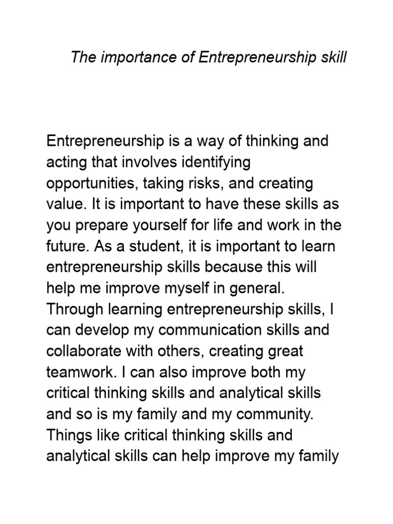 Entrepreneurship Skills for Students | PDF
