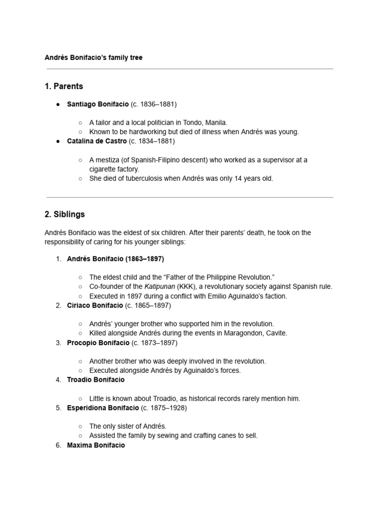Andrés Bonifacio's Family Tree | PDF | Philippines–Spain Relations ...