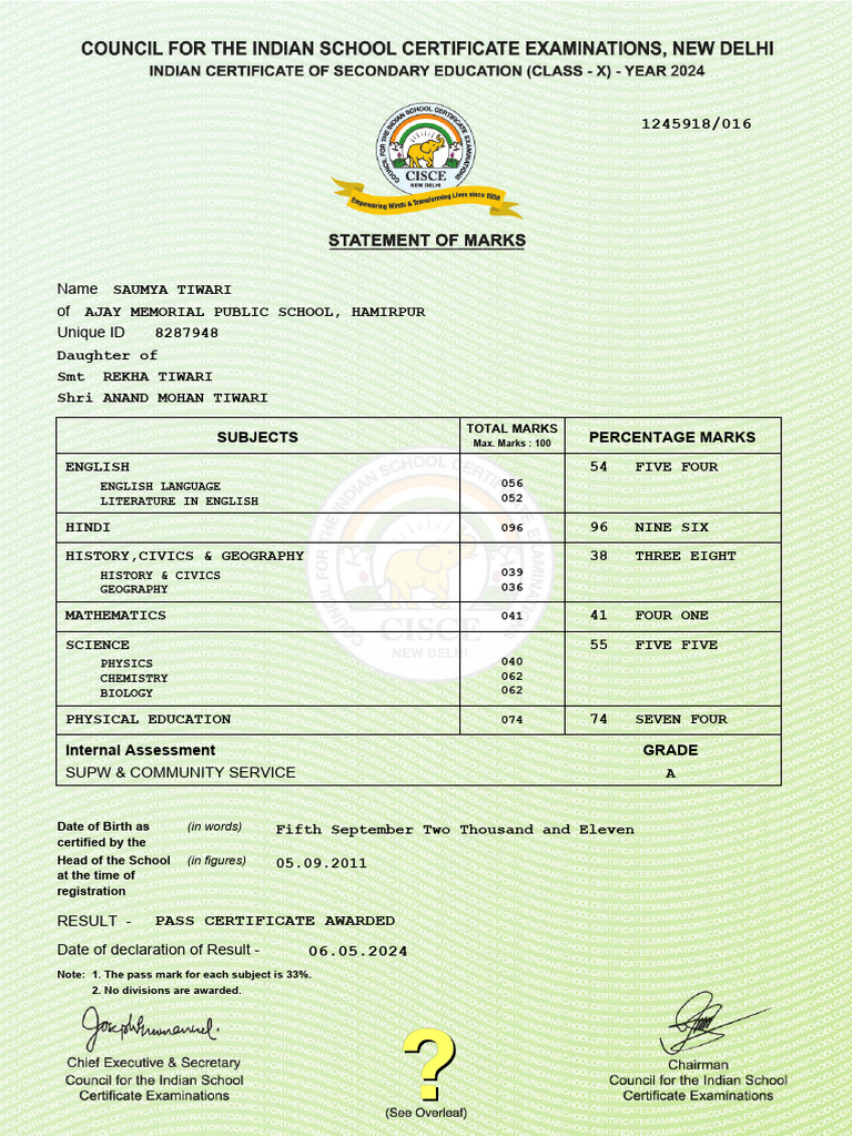 Class X Marksheet Saumya | PDF
