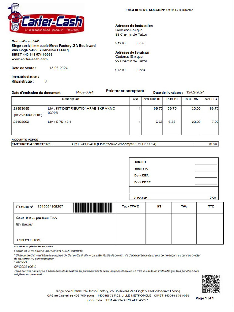 Facture Carter Cash | PDF