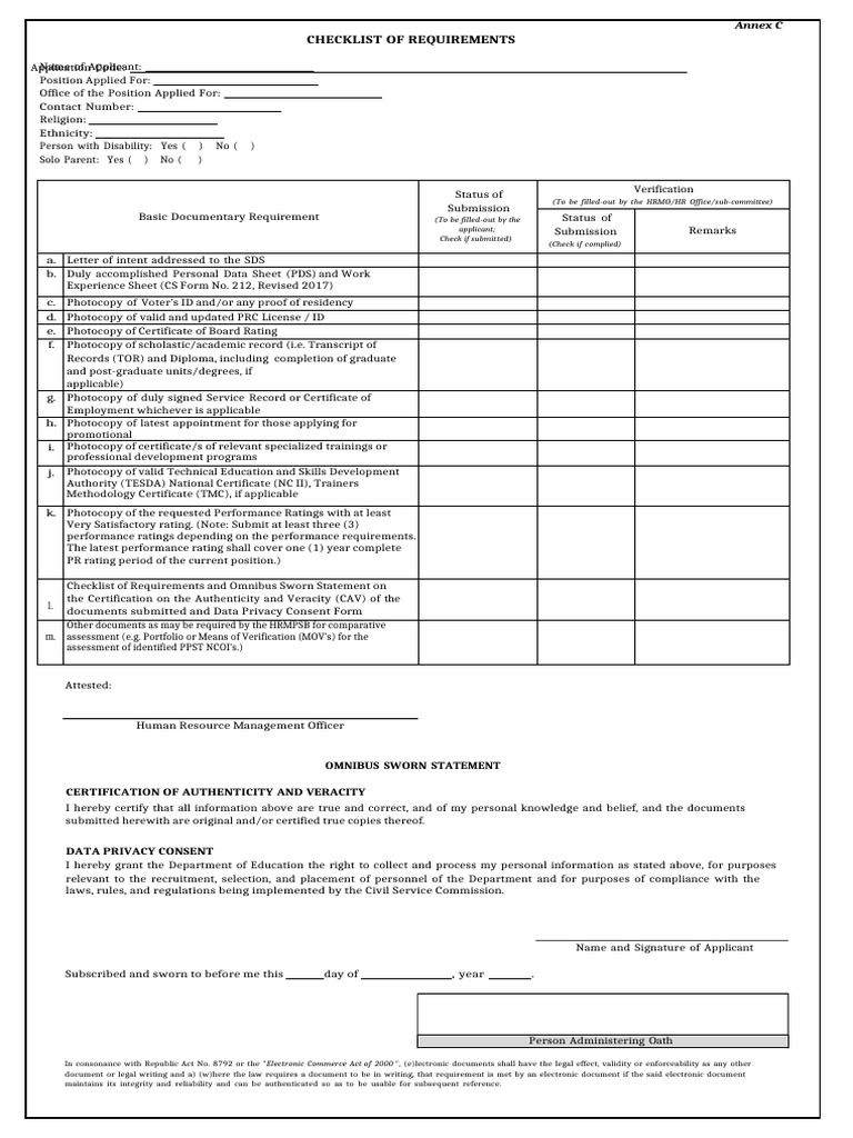 Checklist of Requirements and Omnibus Sworn Statement 1 | PDF