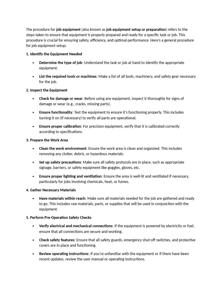 Job Equipment Setup Procedure Guide | PDF | Safety