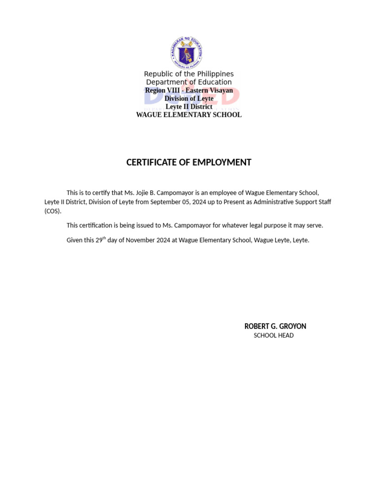 Certificate of Employment for Jojie Campomayor | PDF