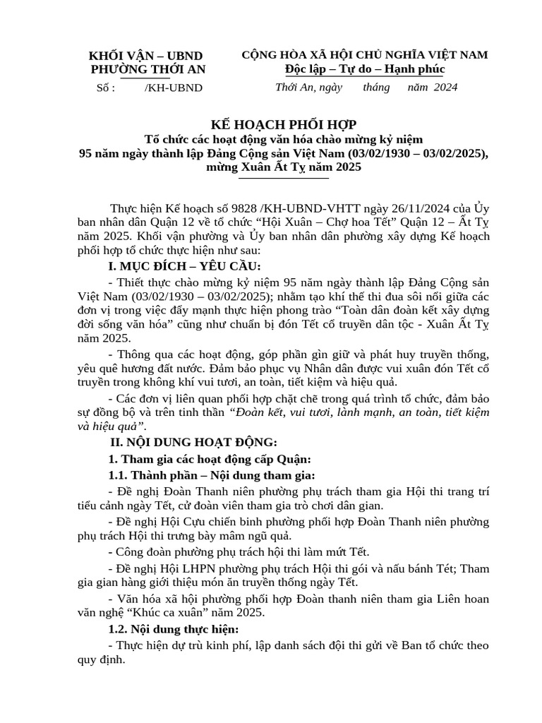 VHXH - KẾ HOẠCH MỪNG ĐẢNG-MỪNG XUÂN 2025 (dự thảo ) | PDF