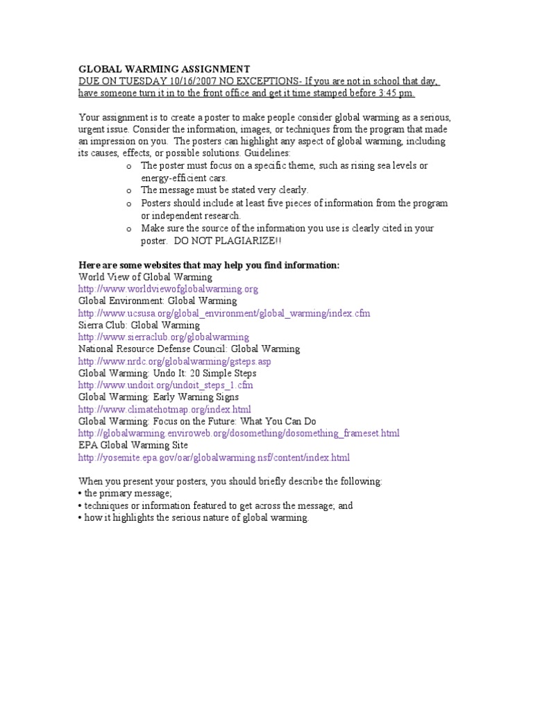 Global Warming Poster Assignment | PDF | Global Warming | Composition (Visual Arts)