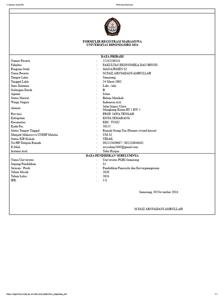 Print Out Formulir Pendaftaran UNDIP | PDF