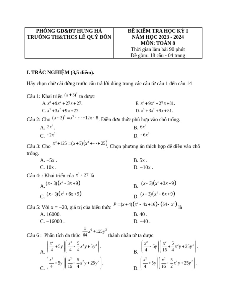 025 - Đề cuối kỳ I - Toán 8 - Hưng Hà - KNTT - 24-25 | PDF
