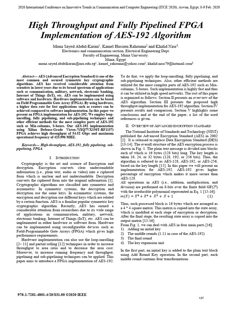 High Throughput and Fully Pipelined FPGA Implementation of AES-192 Algorithm | PDF | Key ...