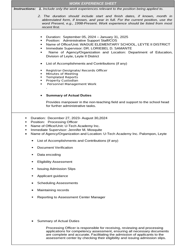 2025 Revised Work Experience Sheet | PDF | Learning