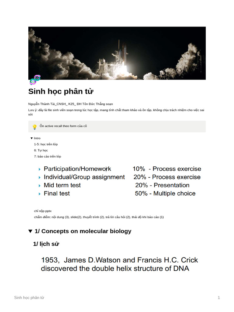 Sinh Hoc Phan Tu Nguyen Thanh Tai CNSH k25 DH Ton Duc Thang Soanluu y Day La File Sinh Vien | PDF