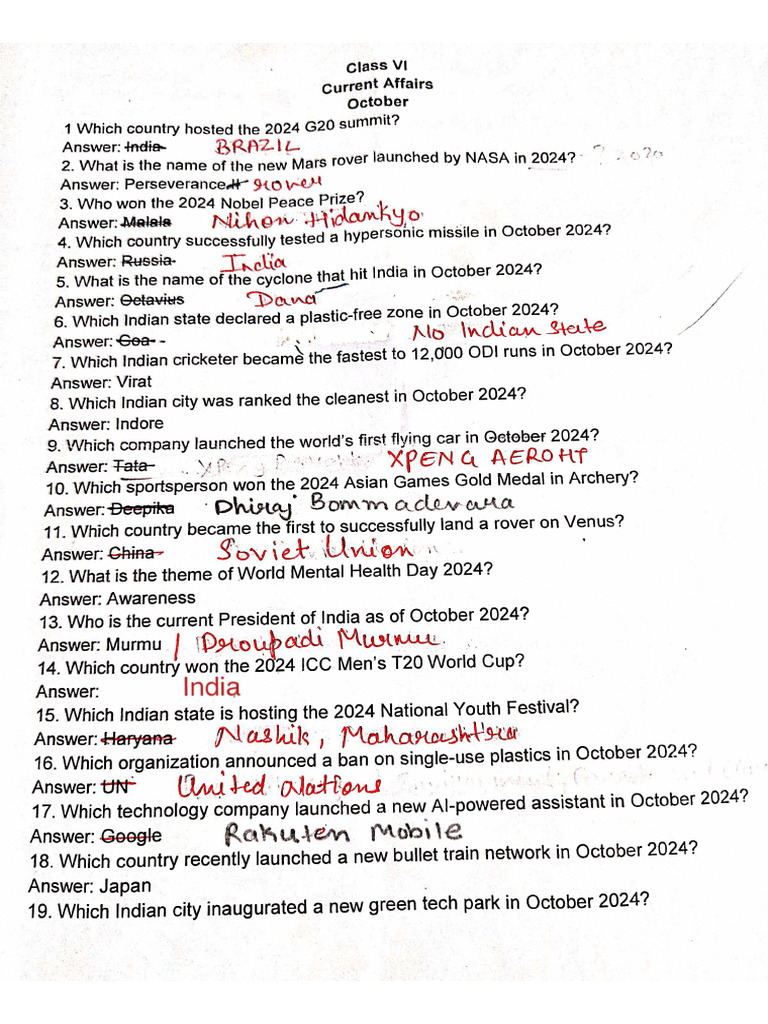 Revised Current Affairs Class 6 | PDF