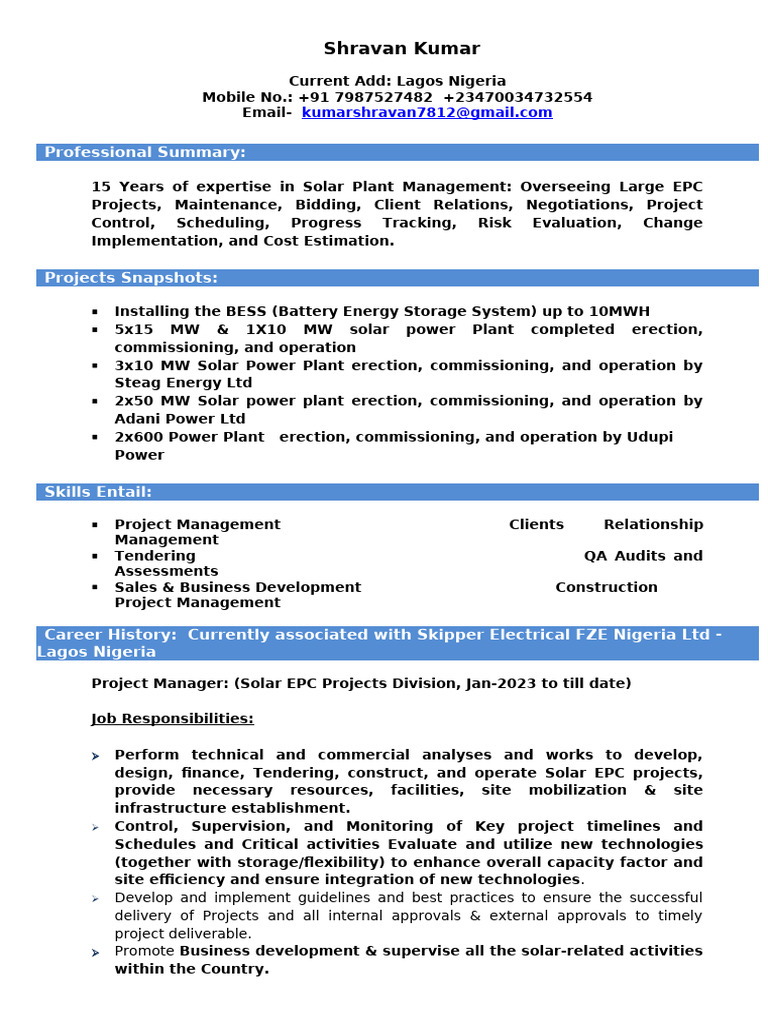 Shravan Kumar Solar Project Manager | PDF | Solar Power | Power Station